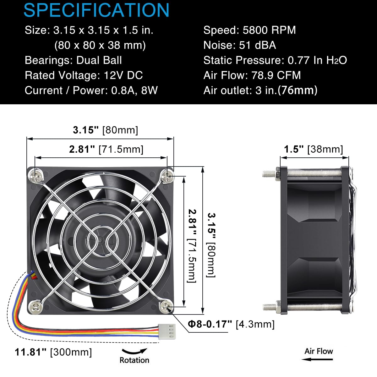 GDSTIME 80mm x 38mm 8038 PWM High Speed Dual Ball Bearing DC 12V 80mm Cooling Fan