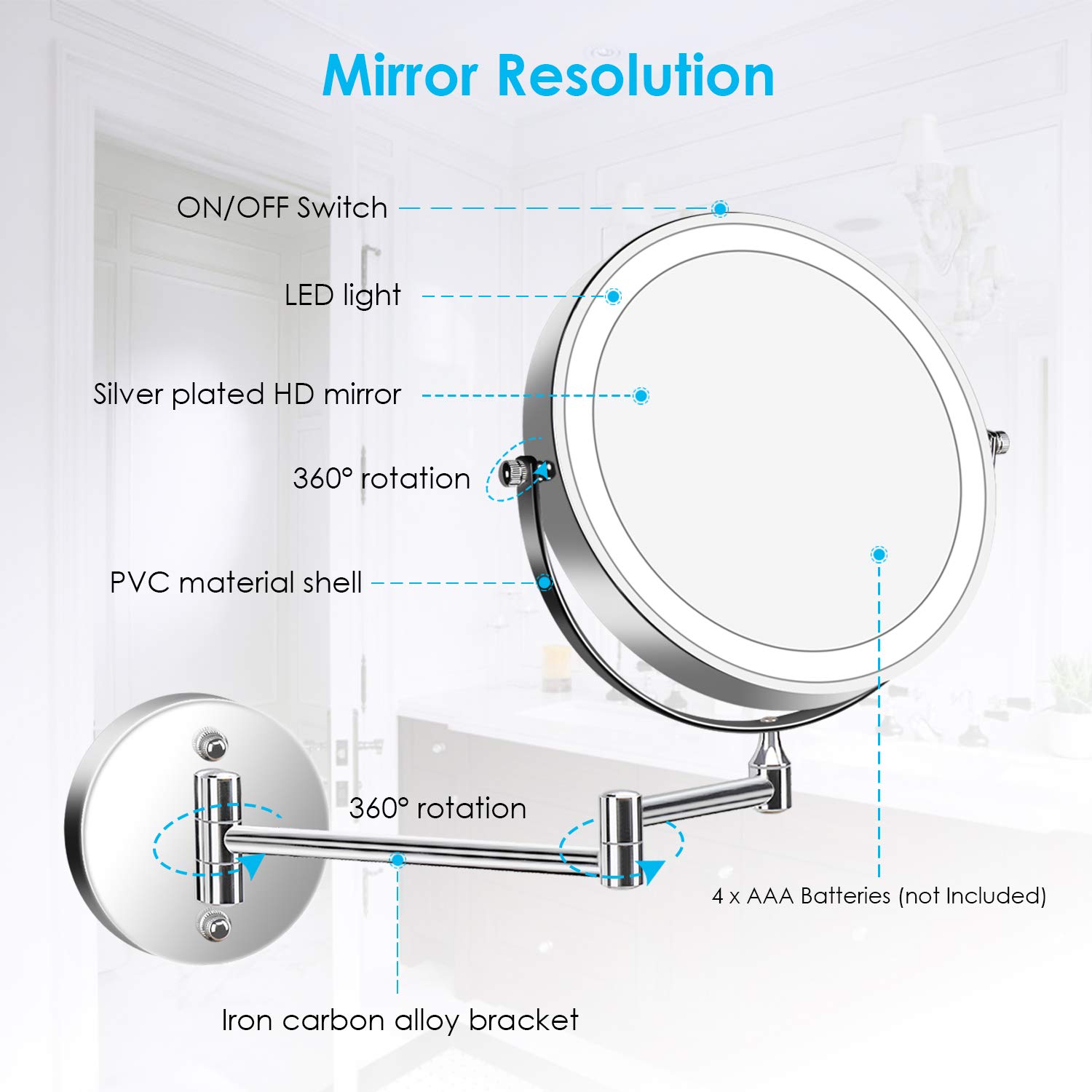 ALVOROG Wall Mounted Makeup Mirror LED Lighted Double Sided 5X Magnification 360° Swivel Extendable Cosmetic Vanity Mirror for Bathroom Hotels, Powered by Batteries (Not Included)-7 inches