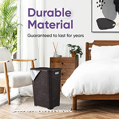 Superio Laundry Hamper Basket With Easy Open Lid 60 Liter Brown, Large Wicker Hamper, Dirty Cloths Storage With Two Cutout Handles, Laundry Room Bin 1.70 Bushel