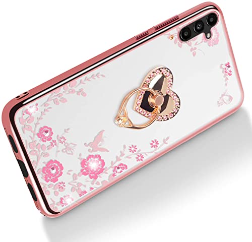 B-wishy for Samsung Galaxy A14 5G/A14 4G Glitter Crystal Butterfly Heart Floral Slim TPU Luxury Bling Cute Protective Cover with Kickstand+Strap for Samsung Galaxy A14 4G/5G(Rose Gold)