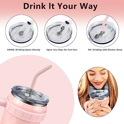 Camicour 40 Oz Tumbler With Handle Insulated Travel Mug With Straw,Reusable Stainless Steel Water Bottle Travel Mug Iced Coffee Cup,Keeps Drinks Cold Up To 34 Hours Or Hot For 12 Hours (Pink)