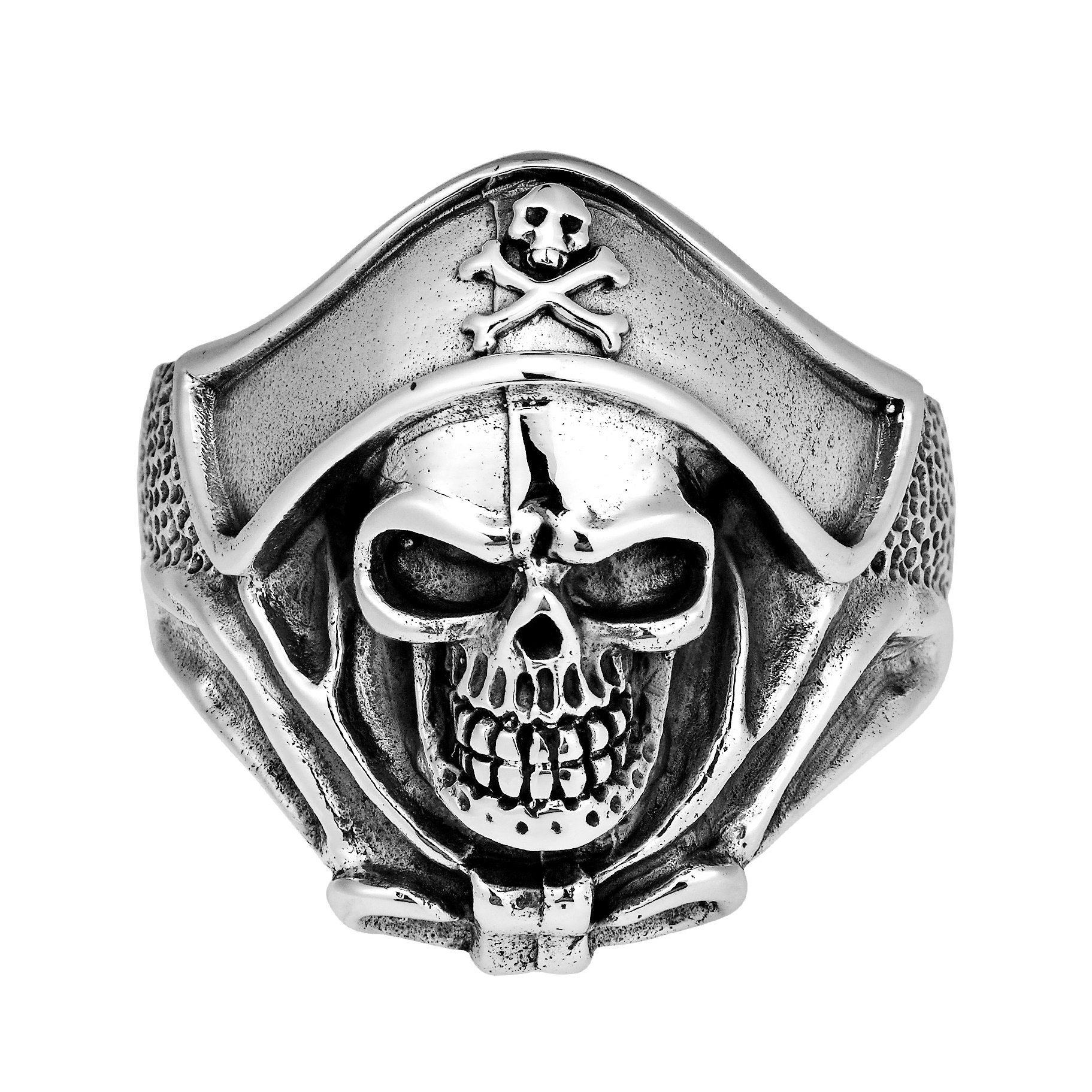 AeraVida Gothic Buccaneer Pirate Skull Head .925 Sterling Silver Biker Ring - (11)