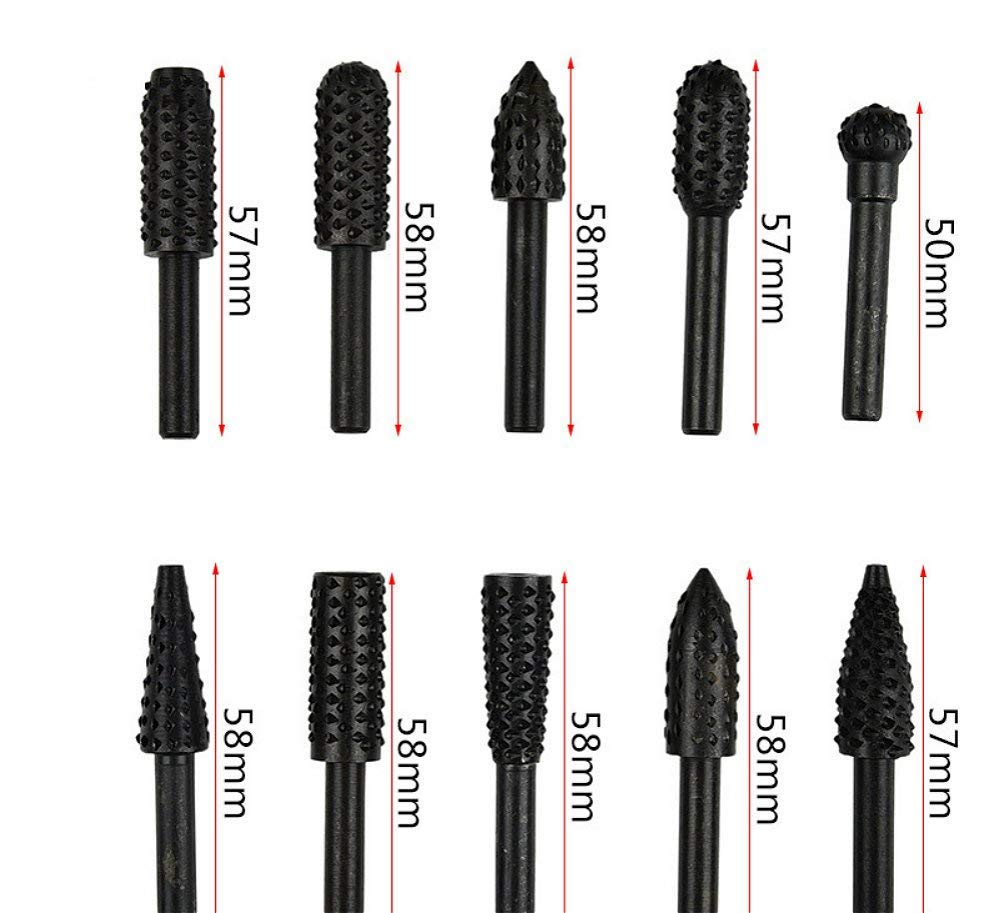 ASNOMY 10PCS Woodworking Twist Drill Bits, Wood Carving File Rasp Drill Bits 6.3mm(1/4") Shank Electrical Tools Woodworking Rasp Chisel Shaped Rotating Embossed Grinding Head with Storage Bag