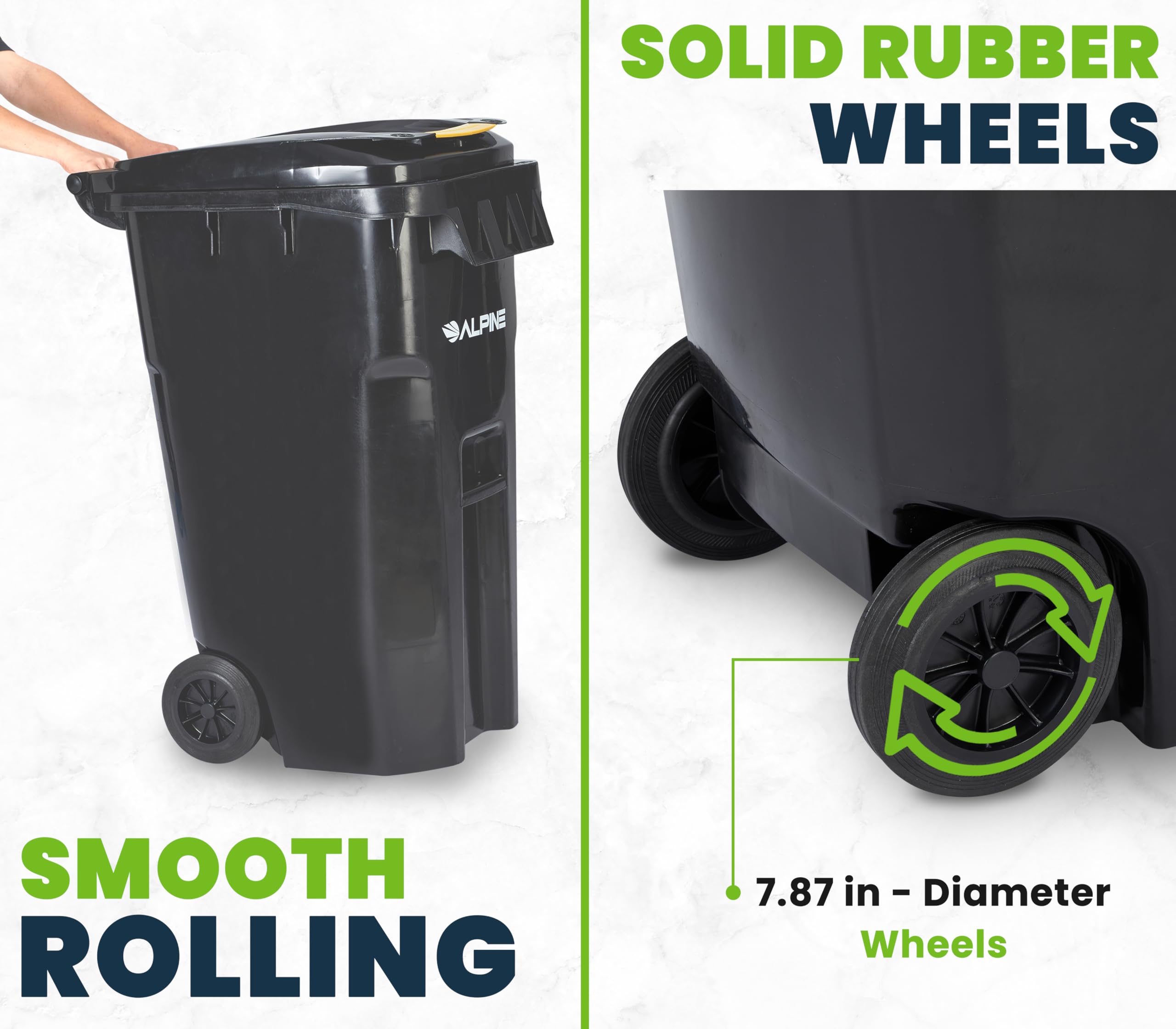 Alpine 64 Gallon Trash Can with Wheels - Large Heavy Duty Outdoor Trash Can with Lid, Rolling Trash Can Outdoor, Outside Wheeled Garbage Can for Residential and Commercial Use (Black)