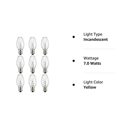 9-Pack,7 Watt Salt Lamps and Night Light Replacement Bulbs, Crystal Clear Glass,C7/7 Watt/120 V/45 Lumen,E12 Candelabra Base Long Life Incandescent Bulbs