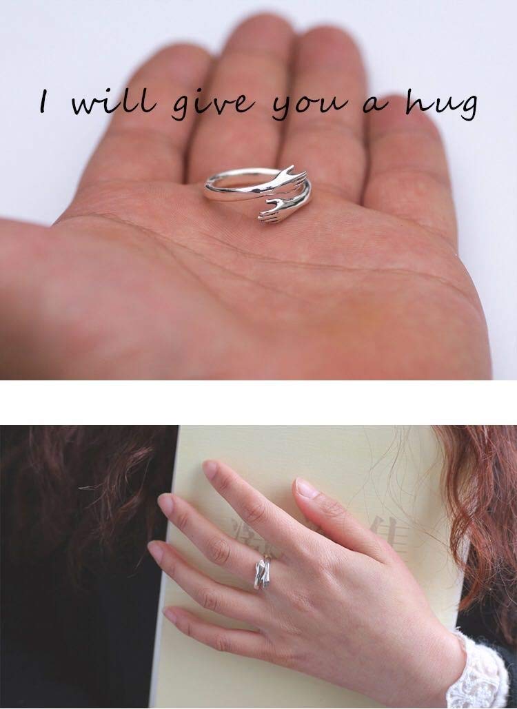 7mohugme Hug Ring 925 Sterling Silver Rings for Women Girls Silver Hugging Hands Open Ring Jewelry Hug Hands Statement Rings Wedding Bands (Silver Hug Ring)