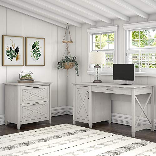 Bush Furniture Key West 54W Computer Desk with Storage and 2 Drawer Lateral File Cabinet in Linen White Oak