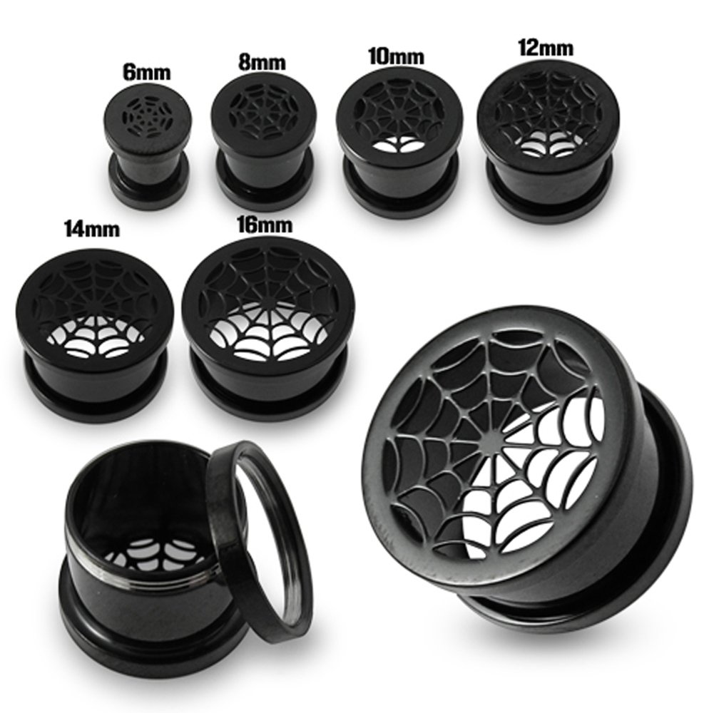 9/16 Inch - 14MM Cut out Spider's web Black Anodized 316L Surgical Steel Flesh Tunnel - Sold by Piece