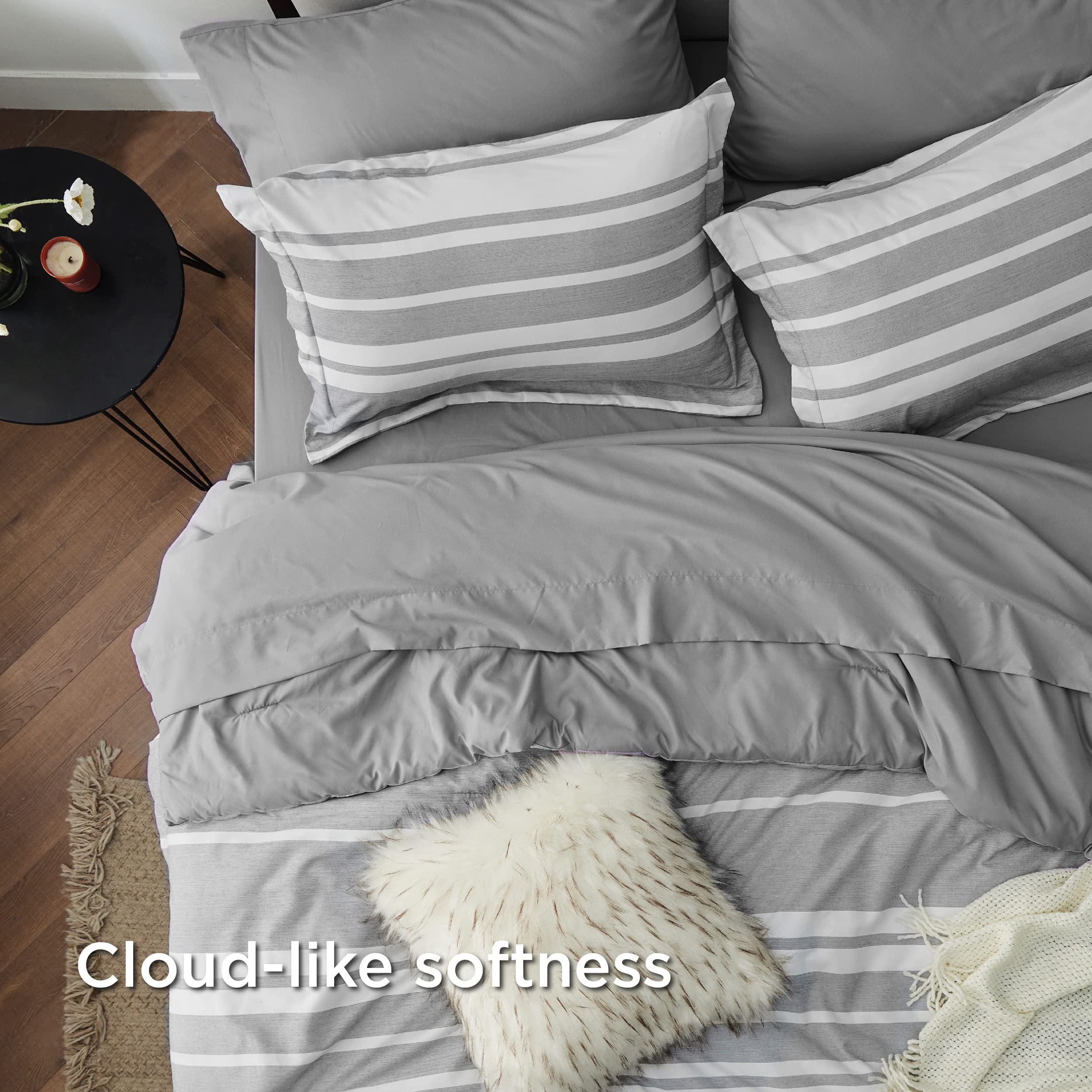Bedsure Queen 7 Pieces Grey White Striped Queen Bed Set Bundle Cotton Mattress Pad Queen Size