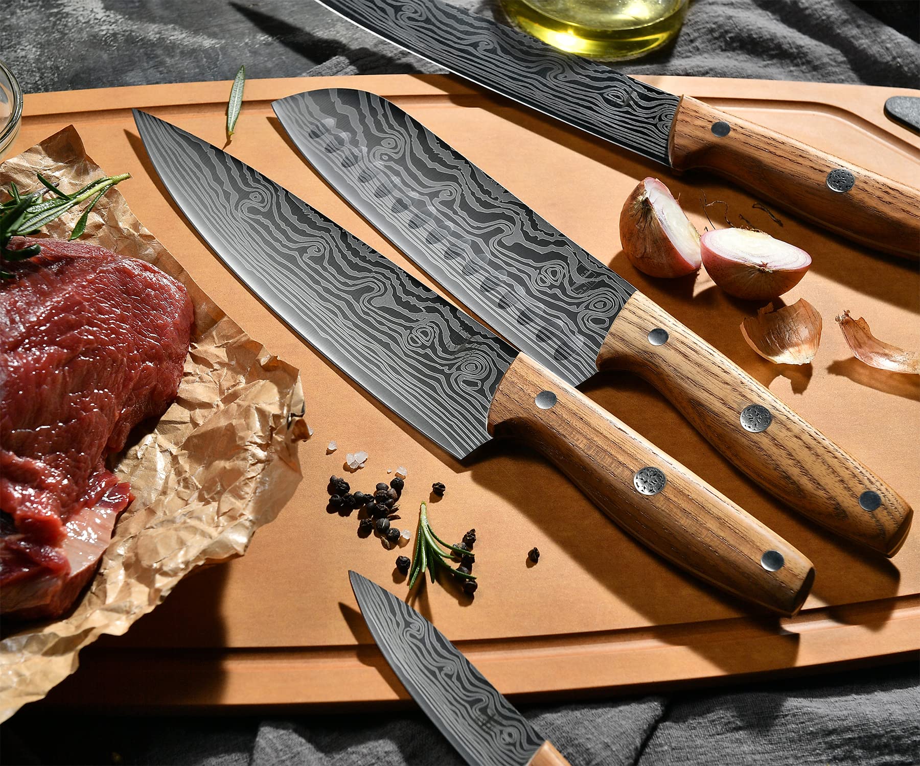 EUNA 6 Pieces Knife Set with Ergonomic ASH Handle, Kitchen Knife with High-Carbon Stainless-Steel Blade, Chef Knife Set with Multiple Sizes for Multipurpose Cooking, Gift Box
