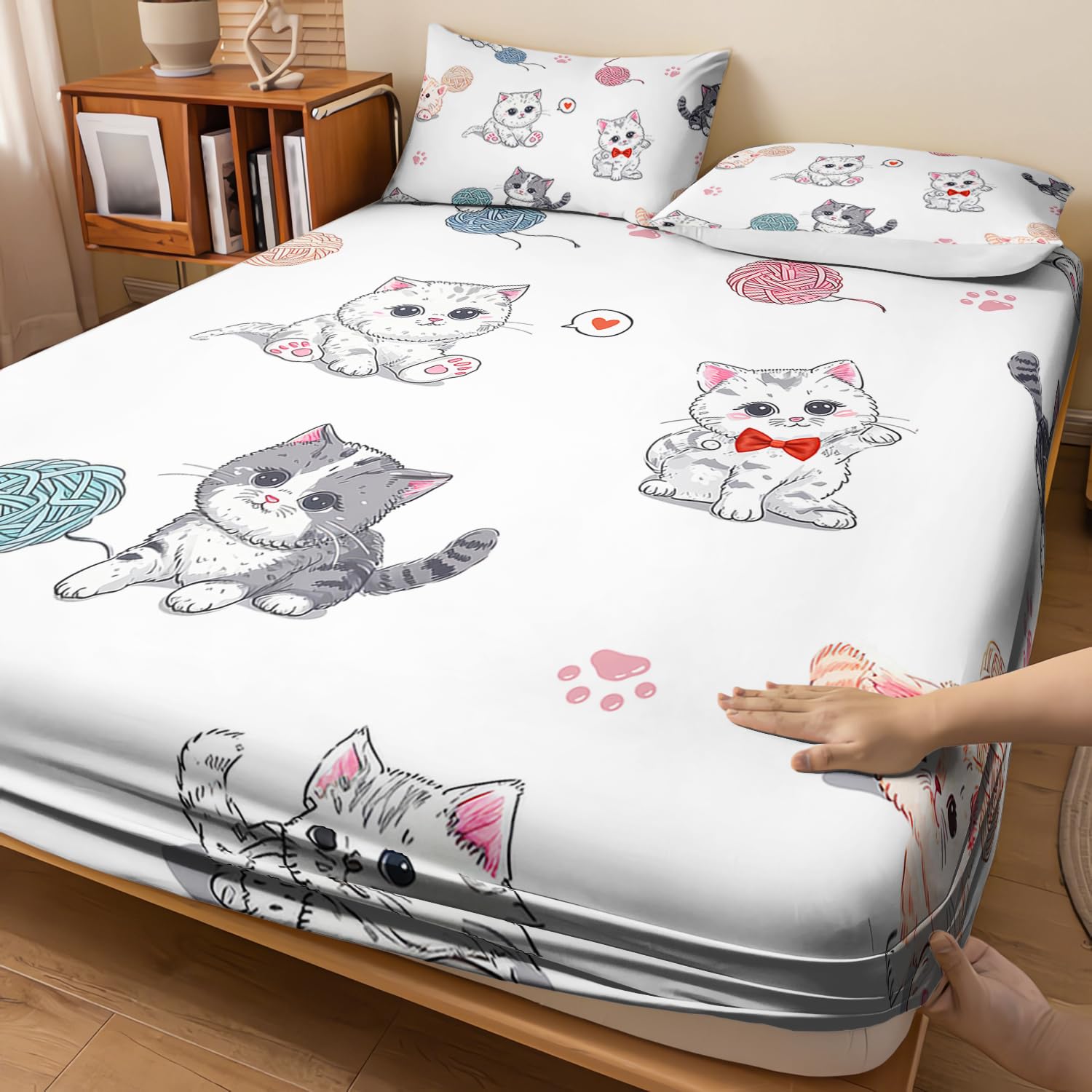 AILONEN Lovely Cartoon Cat Bed Set Kids,Cute Woolen Thread Kittens Bed Sheet Set for Girls Twin Size, Kawaii Animal Cat Lover Bedding Set,3-Piece, 1 Fitted Sheet and 2 Pillowcases,Soft Breathable