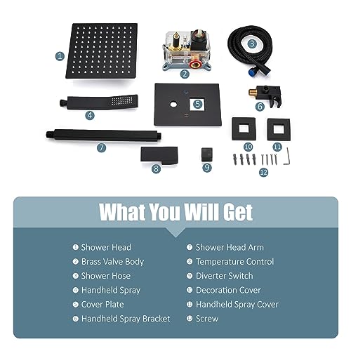 Aolemi Ceiling Mount Shower System, 12 Inch Rain Shower Head with Handheld Spray High Pressure Shower Faucet Set Rough-in Valve and Shower Trim Included Bathroom Matte Black Square Knob
