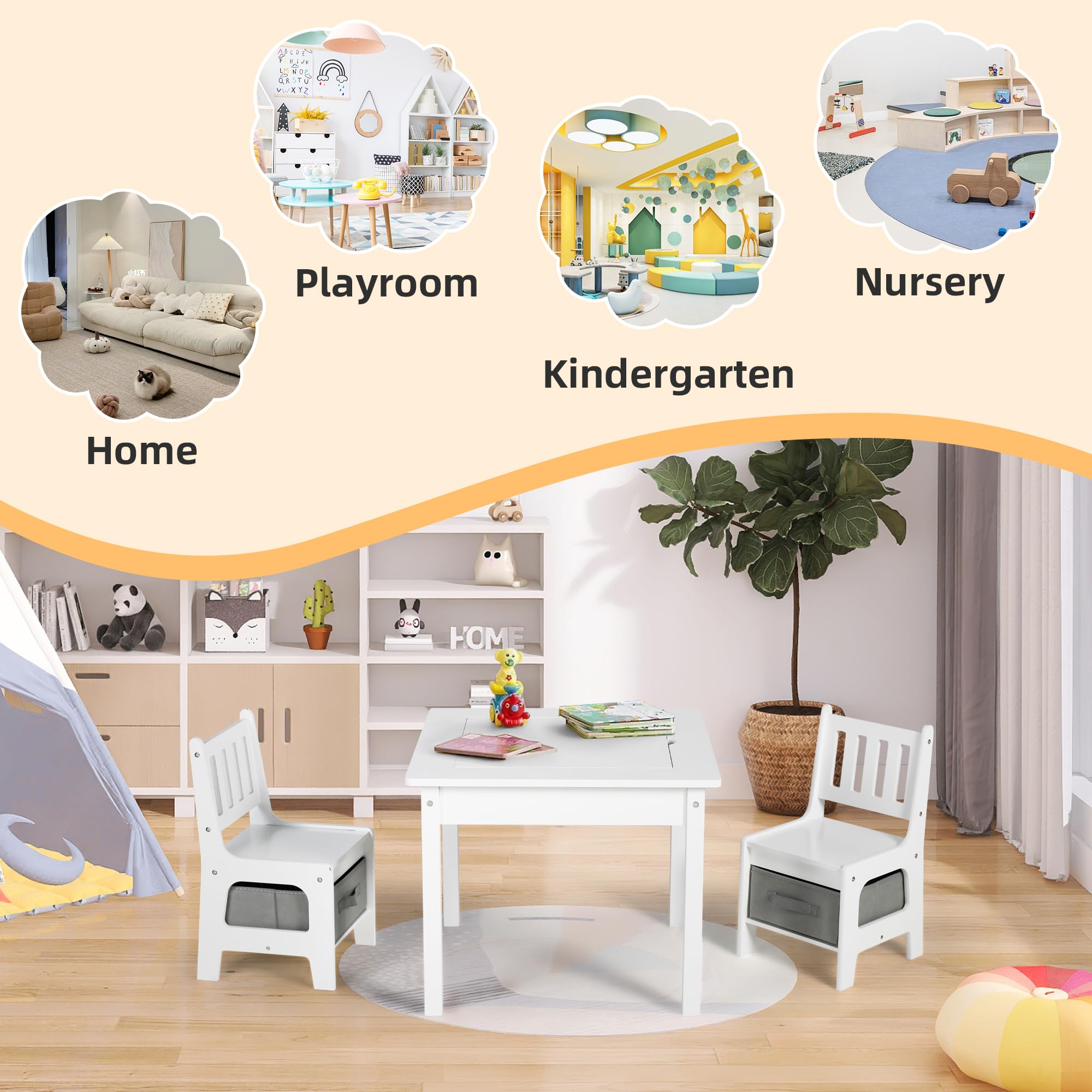 Kinder King Kids Wood Table & 2 Chairs Set, 3 in 1 Kids Construction Play Table, Toddler Activity Table w/Storage Space, Building Block Table for Child Art, Crafts, Reading, Playing, Grey