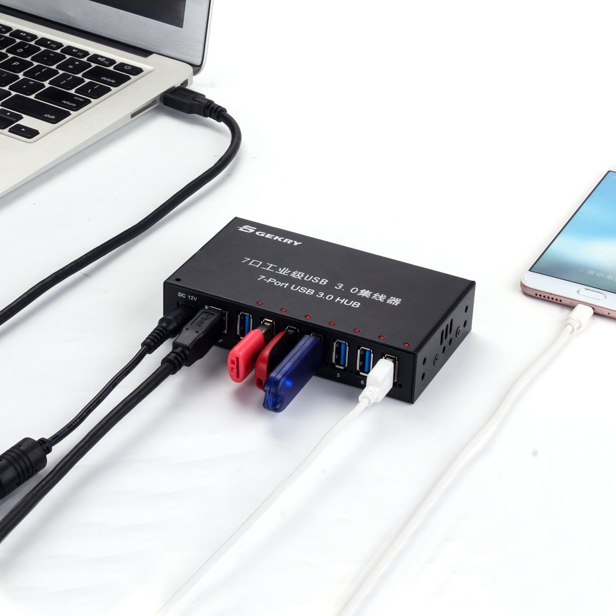 GEKRY USB 3.0 Hub, USB Data Hub, Metal Case Mountable 7-Port Powered USB Hub 3.0 with 36W AC Adapter-Type A