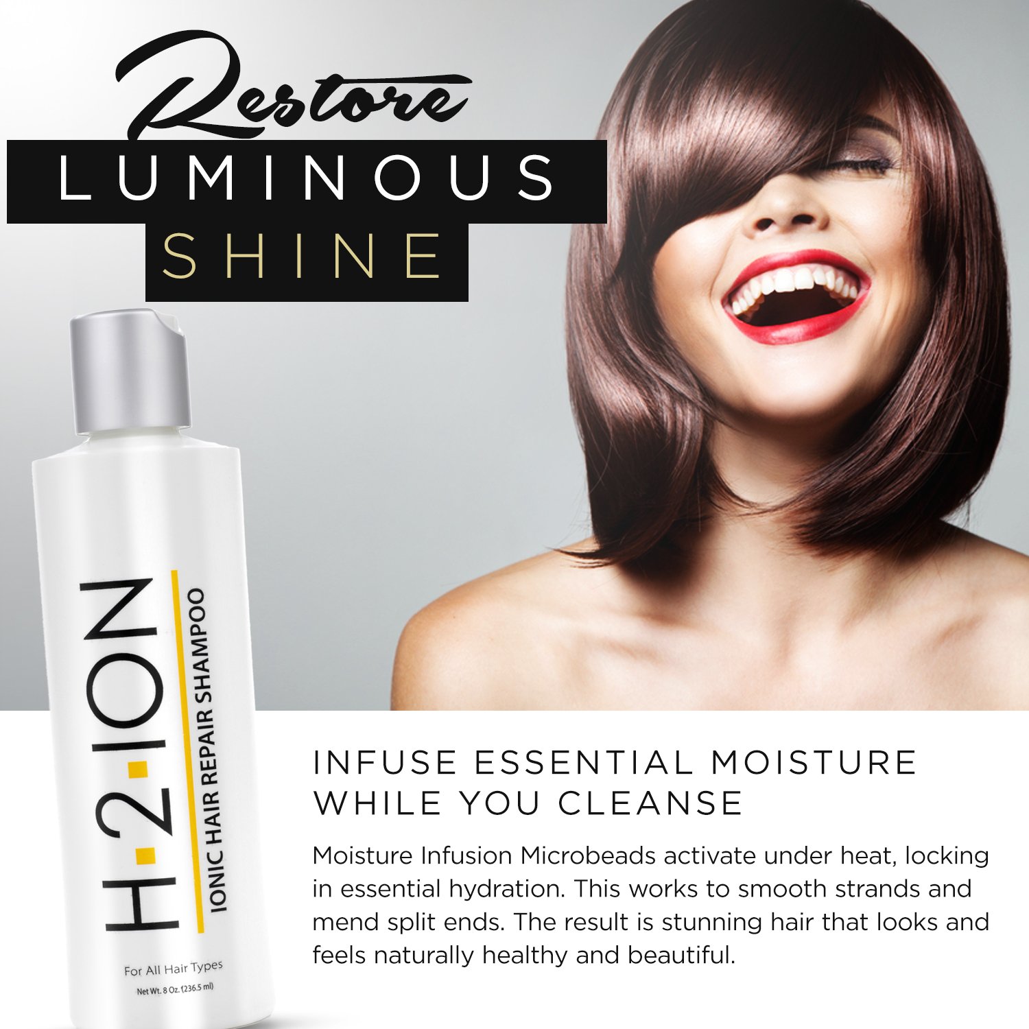 H2 Ion Hair Repair Shampoo -- Thermal Activated Ionic Shampoo for Damaged Hair -- Deep Clean - Lock in Moisture - Restore Shine Body & Bounce - Protect from Heat Styling - Seal Split Ends (8 oz)