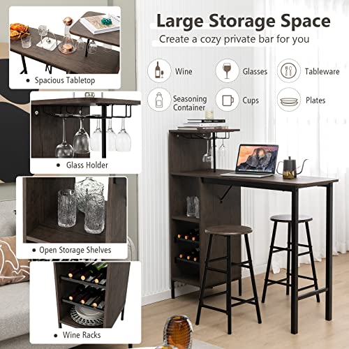 GOFLAME Bar Table and Chairs Set for 2, Counter Height Dining Table Set with Shelves, Cup Holder & Wine Rack, Breakfast Table & Chair Set, 3-Piece Pub Table Set for Kitchen, Dining Room