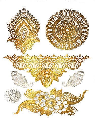 Terra Tattoos Gold Metallic Temporary Tats Geometric Henna Designs Waterproof Nontoxic Long Lasting Perfect for Beach, Festivals, & more! (Maya)