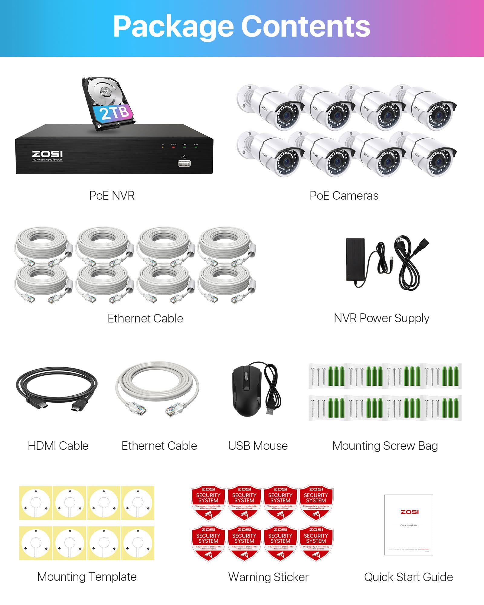 ZOSI 8CH 4K PoE Home Security Camera System with 2TB HDD,8pcs 5MP Weatherproof Outdoor Indoor IP Cameras,Night Vision,Motion Detection,Remote Access,8MP 8 Ports 16CH NVR Recorder for 24/7 Recording