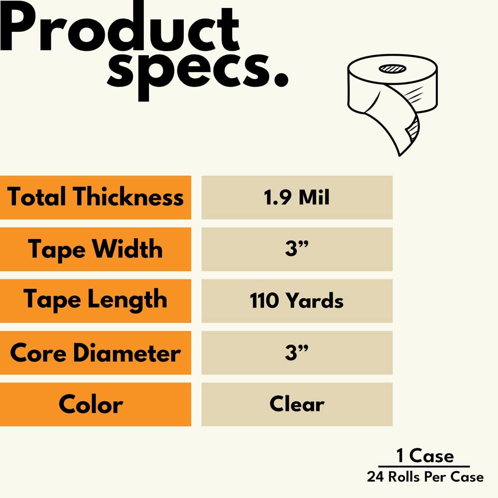 Clear Packing Tape, Packaging Shipping Tape Rolls, 3 Inch x 110 Yards, 1.9 Mil Thick, 24 Pack