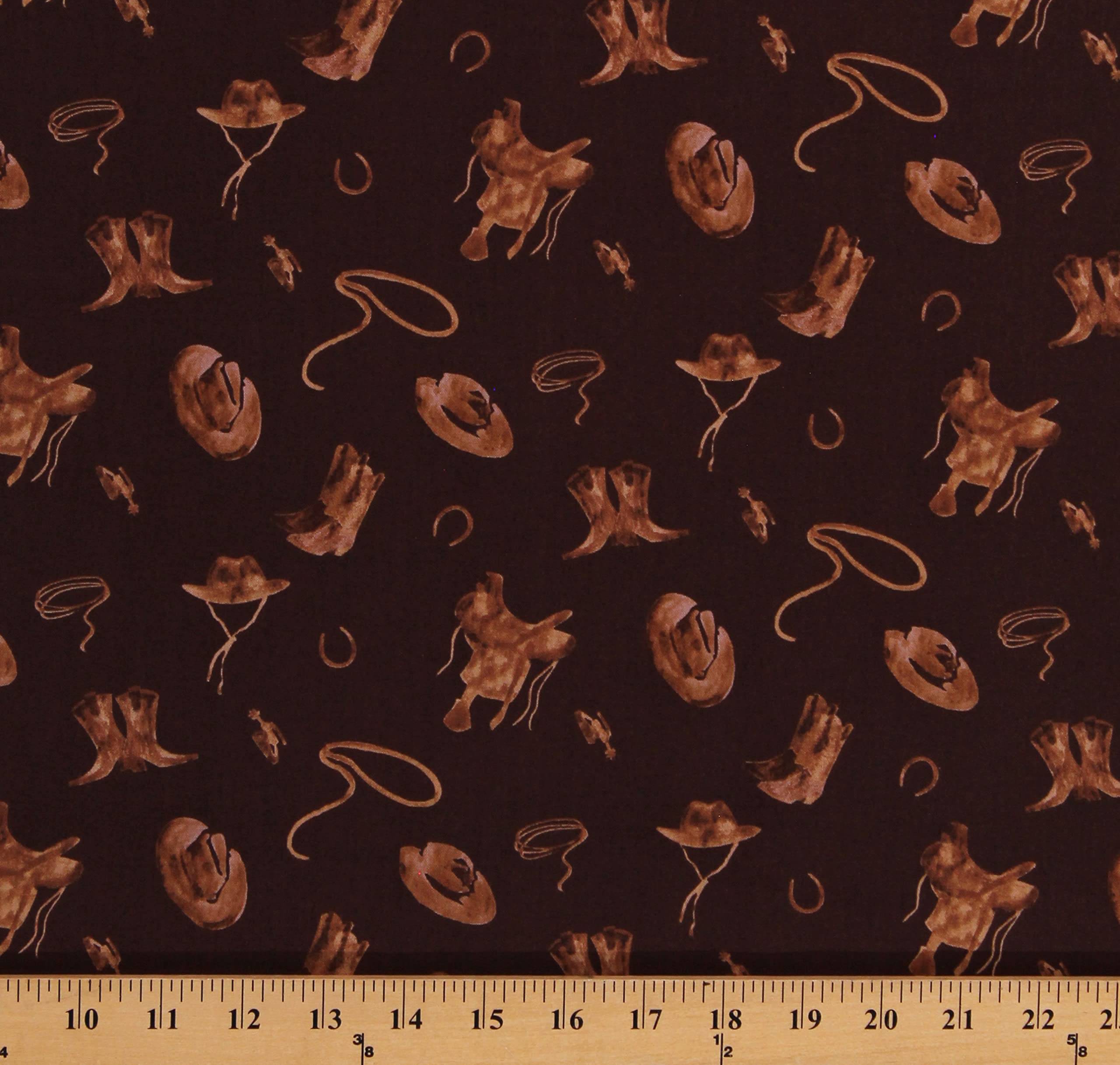 Cotton Cowboy Hats Boots Lassos Western Ride The Range Brown Cotton Fabric Print by The Yard (C12741-CHOCOLATE)