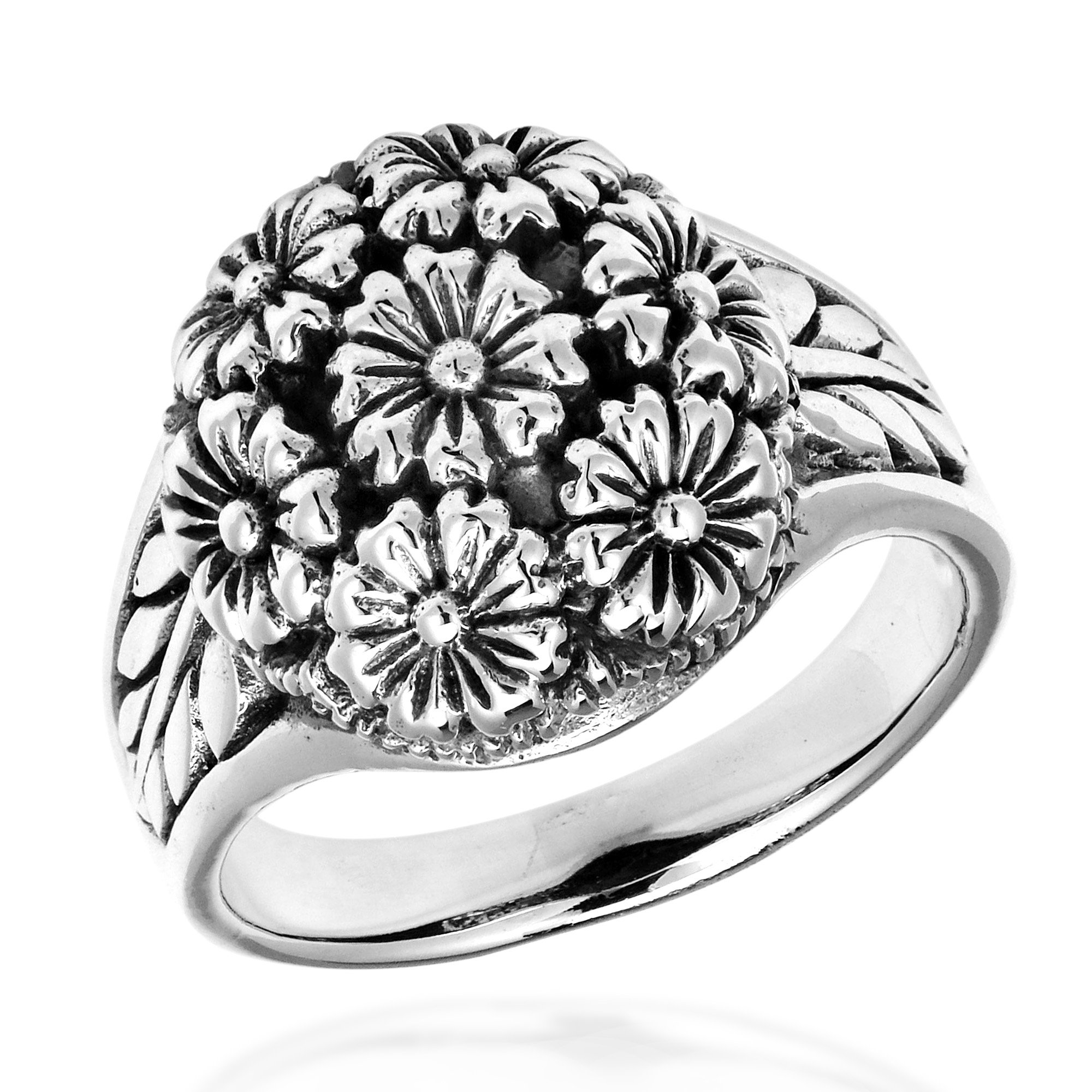 AeraVida Round Cluster Flower Bouquet Dome .925 Sterling Silver Ring (9)