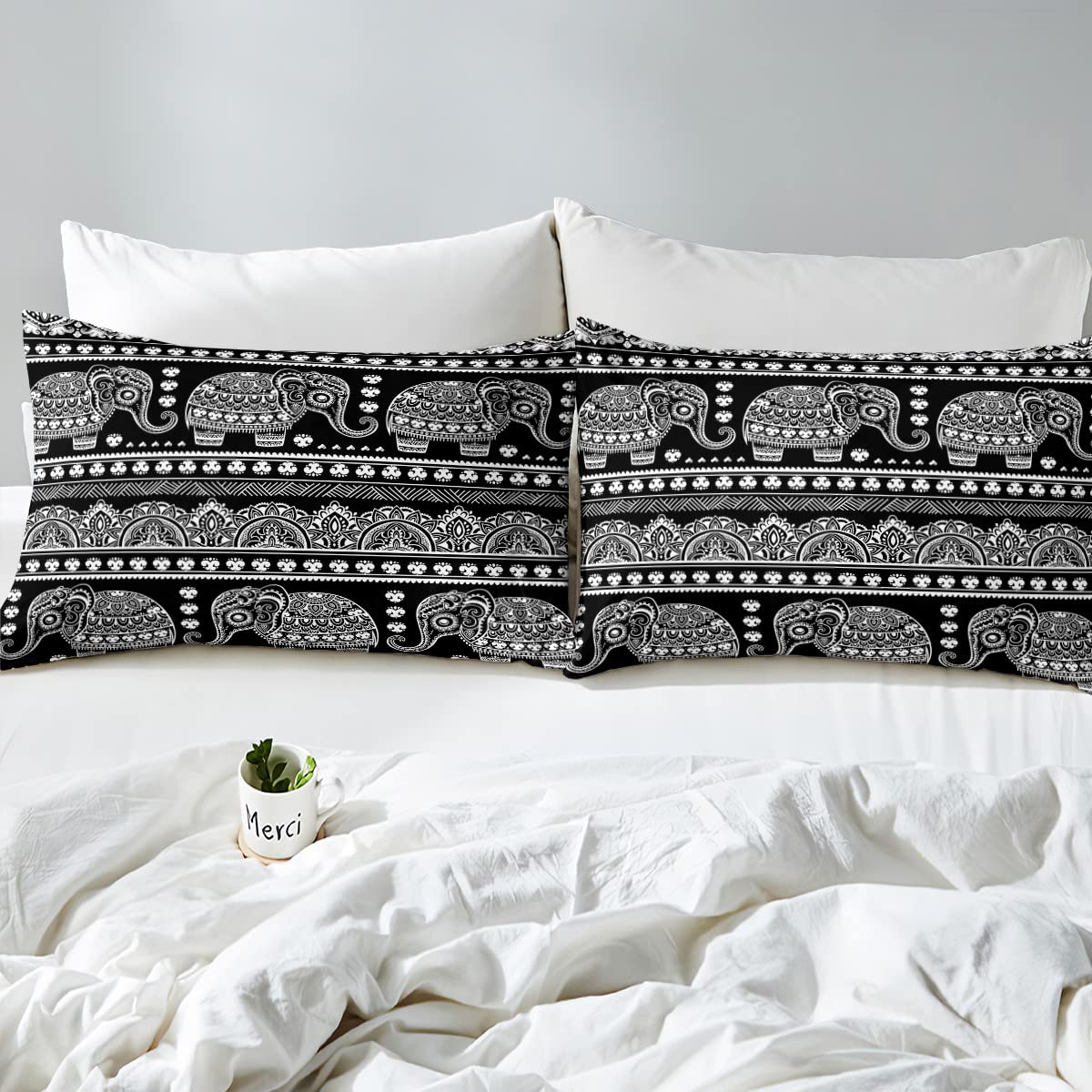 Elephant Fitted Sheet Full,Exotic Bohemian Black and White Bed Sheets Paisley Floral Bedding Sets for Kids Child,Ethnic Tribal Wildlife Bedding Decor Set Tribe Western Animals Boho Room Decor