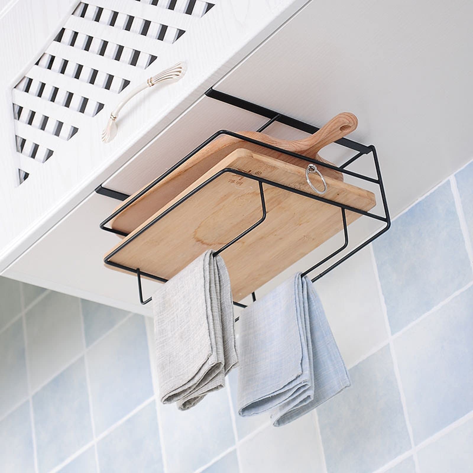 ASkinds Under Cabinet Cutting Board Rack Double Layer Pot Lid Organizer Wall Hanging Chopping Board Hanger Iron Towel Holder Storage Shelf(Black)