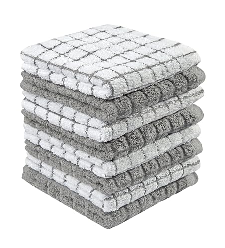 Bumble Premium Cotton Dish Cloths (12" x 12") Grey Check Design | Highly Absorbent | Natural Ring Spun Cotton | Kitchen Dish Towel Set | 380 GSM - 8 Pack