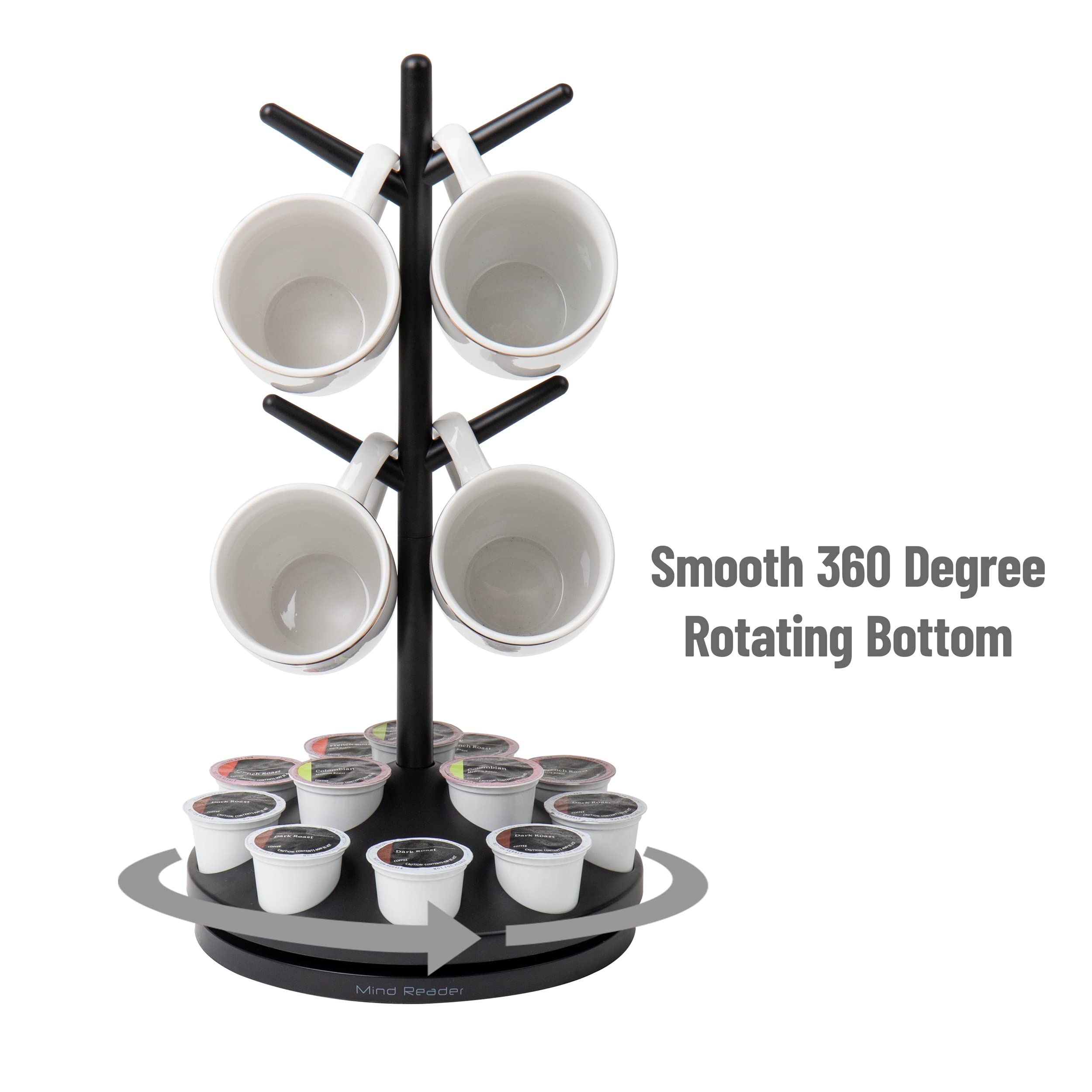 Mind Reader Single Serve Coffee Pod Organizer & Mug Tree, 12 pod and 4 Mug Capacity, Countertop, 9" L x 9" W x 17.75" H, Black