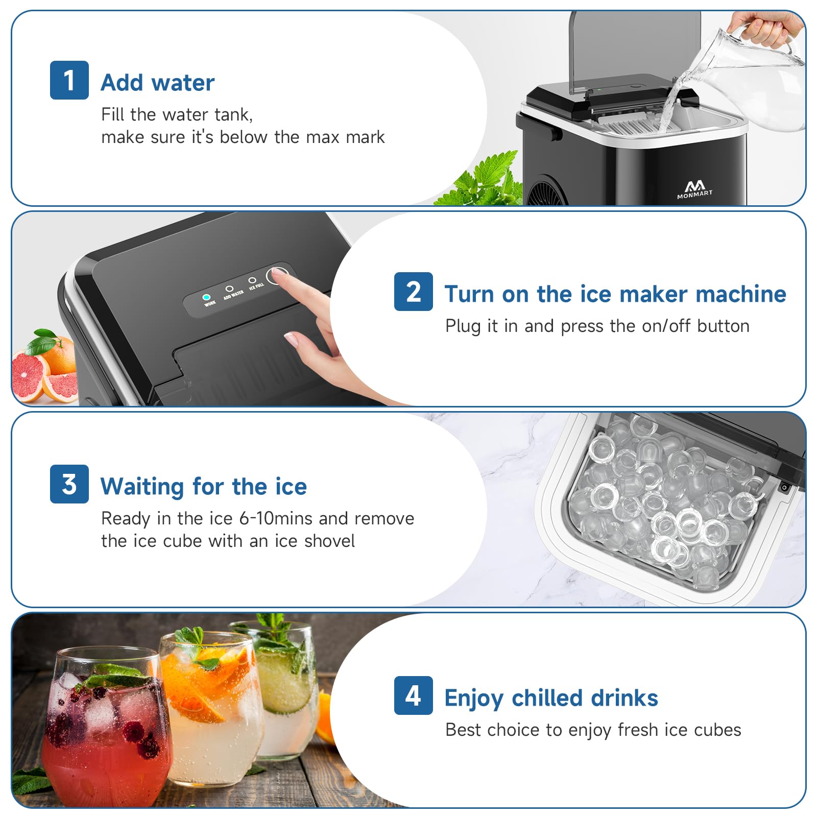 Ice Maker Countertop, Portable Ice Maker Machine with Handle, 26.5lbs/24Hrs, 8 Cubes in 6 Mins, Self-Cleaning Ice Makers for Home/Kitchen/Office/Bar
