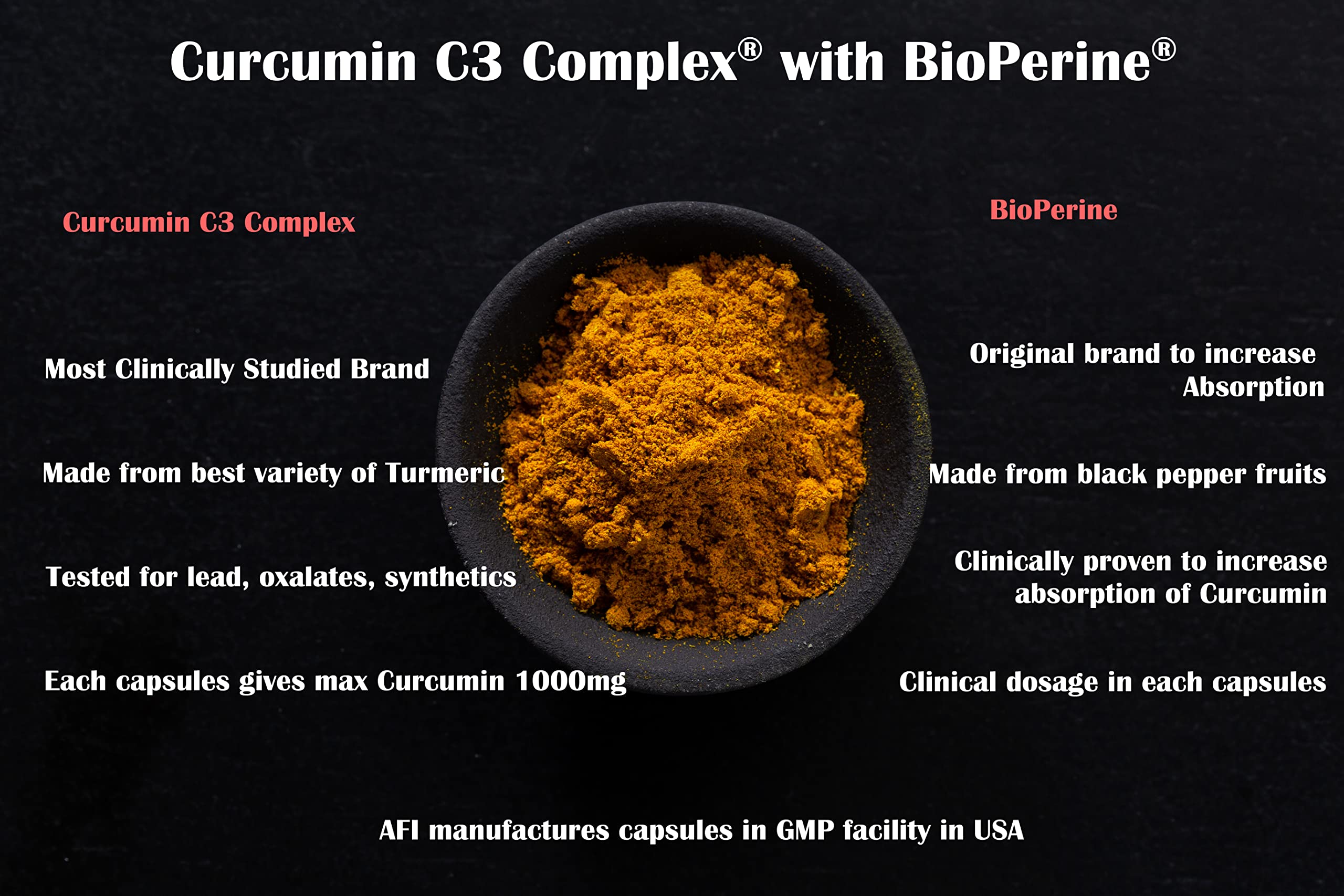 AFI Super Curcumin C3 Complex, 1000mg, Turmeric 95% no oxalates, Black Pepper Extract, Max Absorption for Joint Health, Vegetarian, Gluten-Free, Non-GMO