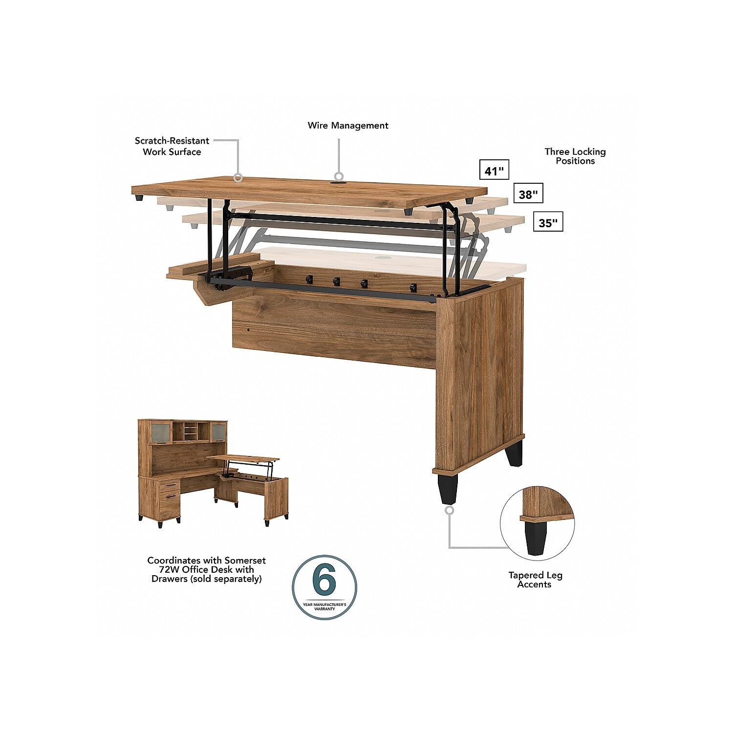 Bush Furniture Somerset 3 Position Sit to Stand L Shaped Desk with Hutch | Wide Office Computer/Laptop Desk with Storage Shelves & Drawers | Study Table and Work Desk in Fresh Walnut