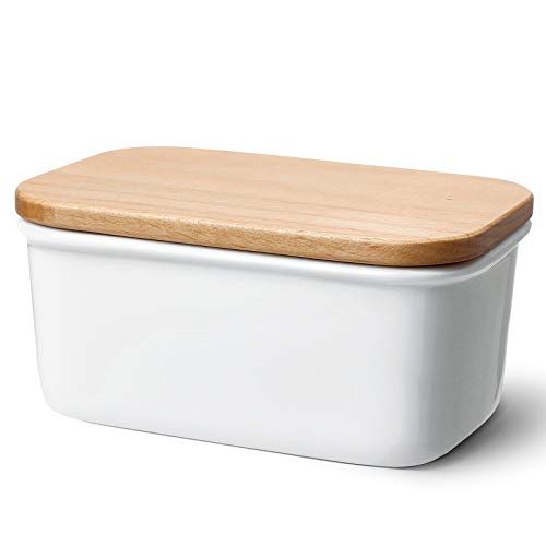Sweese 301.101 Large Butter Dish - Porcelain Keeper with Beech Wooden Lid, Perfect for 2 Sticks of Butter, White