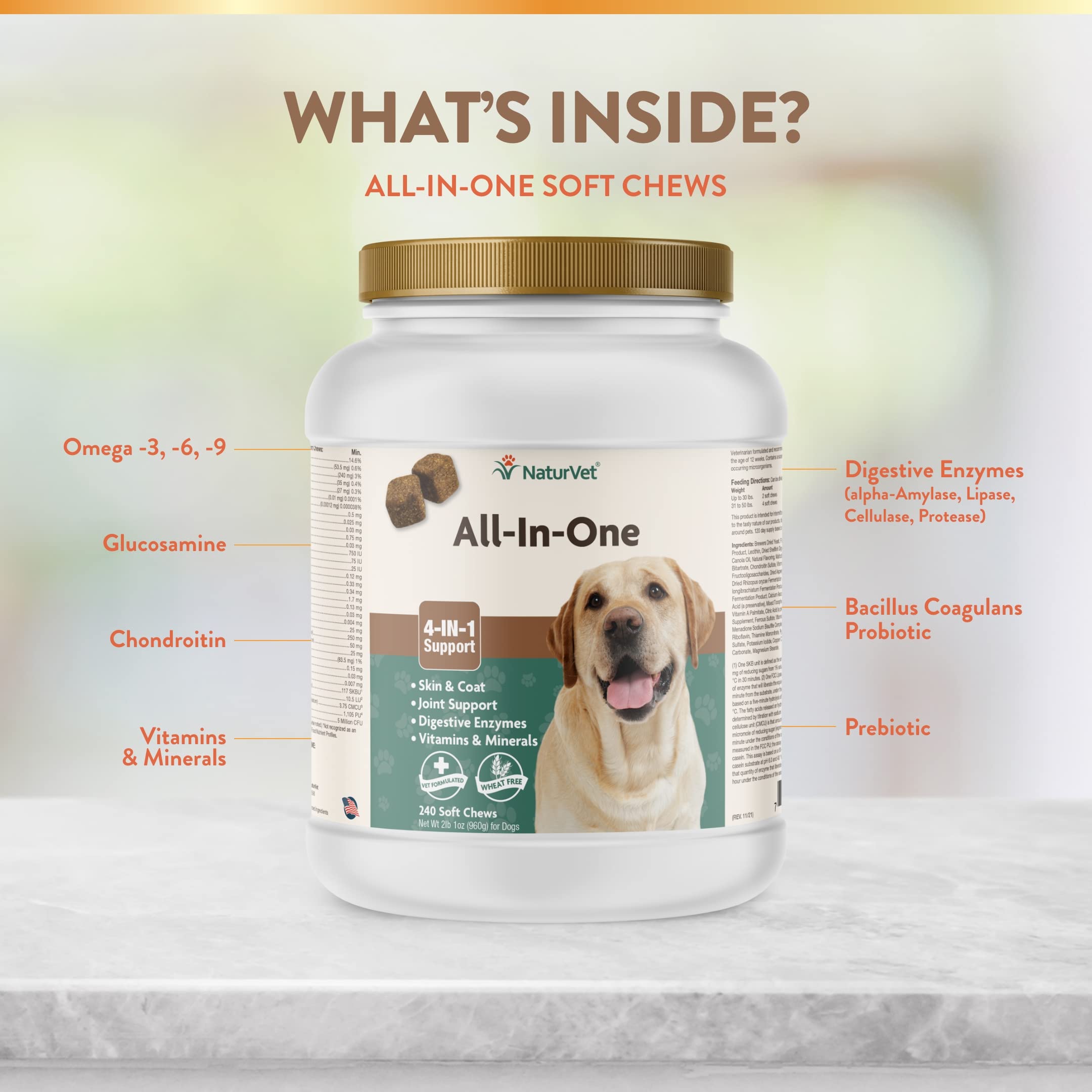 NaturVet β Advanced Probiotics & Enzymes β Supports and Balances Pets with Sensitive Stomachs β 240 ct & All-in-One Dog Supplement - for Joint Support, Digestion, Skin, Coat Care β 240 Soft Chews