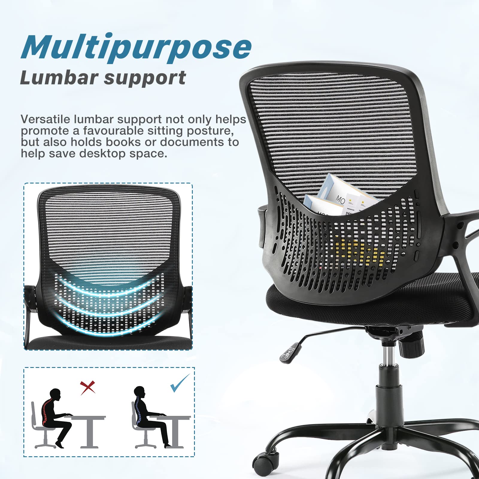 AFO Home Office Chair Mid Ergonomic Lumbar Support and Armrests, Adjustable Height, Breathable Mesh Back, 360 Degree Swirl, Rocking Mode, Black