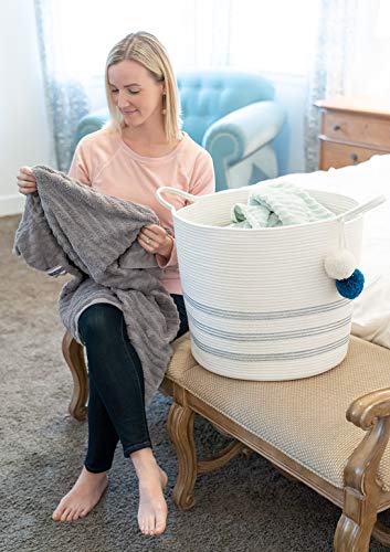 Sweetzer & Orange Extra Large Woven Cotton Rope Storage Basket with Pom-Poms β 16.5βx20.5β - Blanket Storage Baskets, Laundry and Toy Storage, Nursery Hamper - Off White/Navy XXL for Living Room