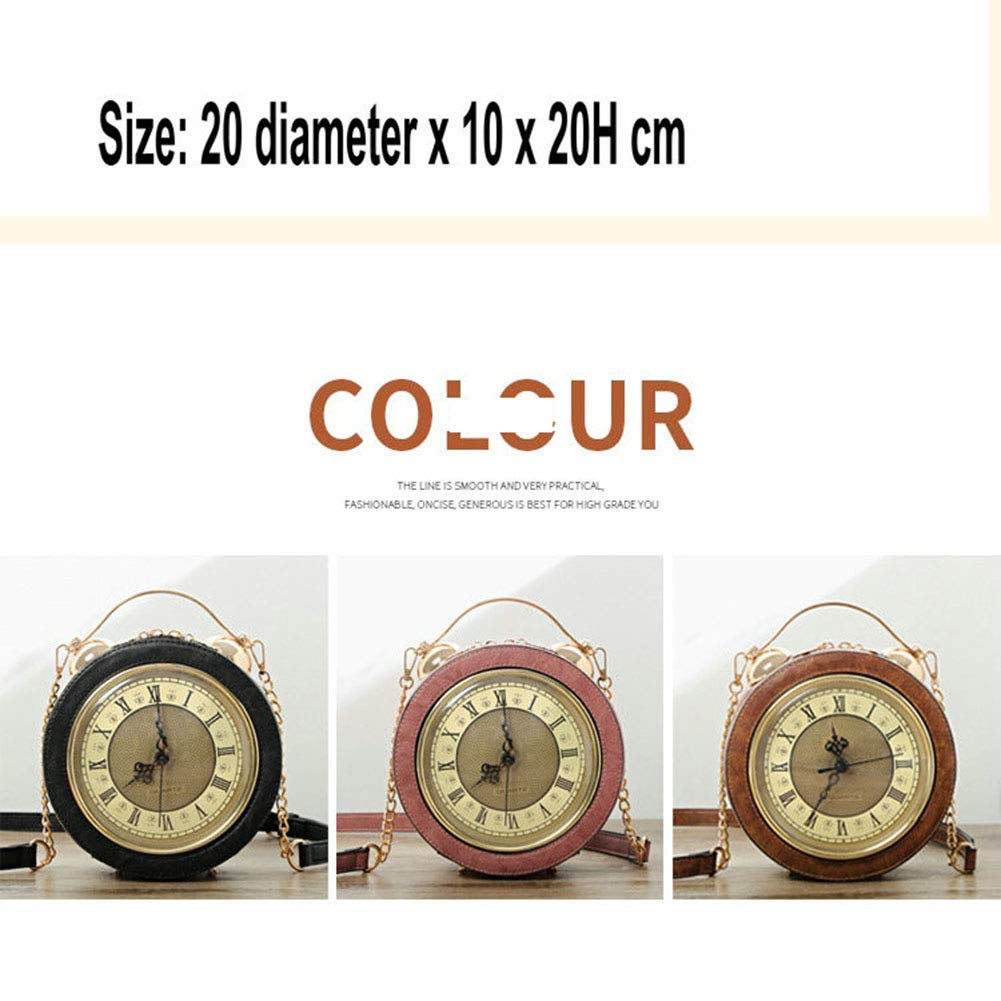 Clock Bag Real Working,Vintage Crossbody Messenger Bag, SteamPunk Style Shape Leather Bag Circular Handbag Chain Shoulder Female bag (Brown)