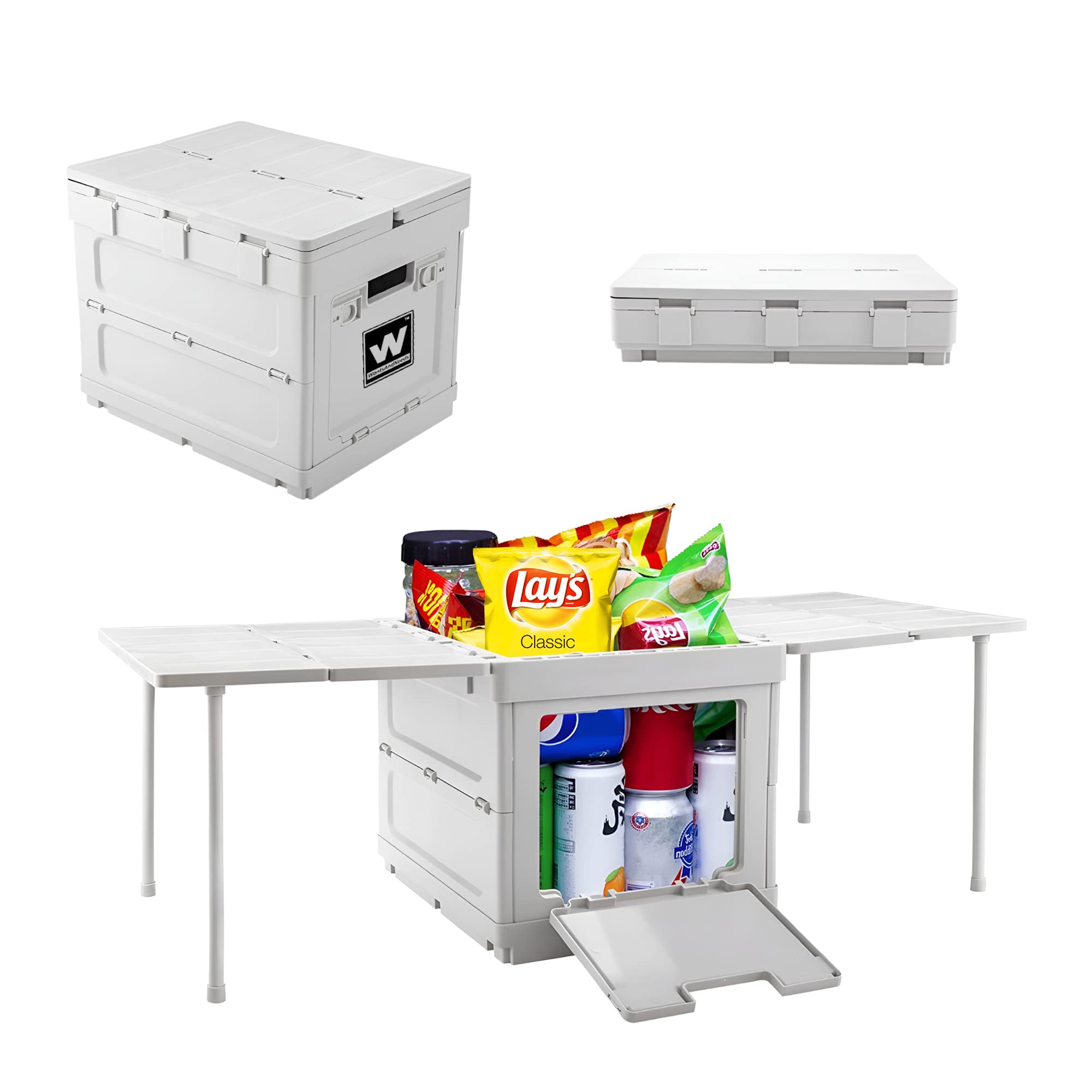 W WANTSANDNEEDS Folding Storage Bin β Collapsible Foldable Storage Bin with Folding Table β Storage Bin for Outdoor Activities, Football Tailgating, Hunting, Camping