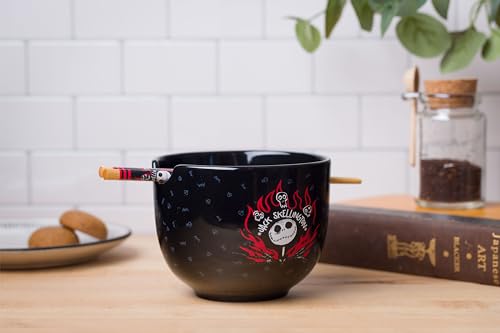 Silver Buffalo Disney Nightmare Before Christmas Jack Skellington Ceramic Ramen Noodle Rice Bowl with Chopsticks, Microwave Safe, 20 Ounces