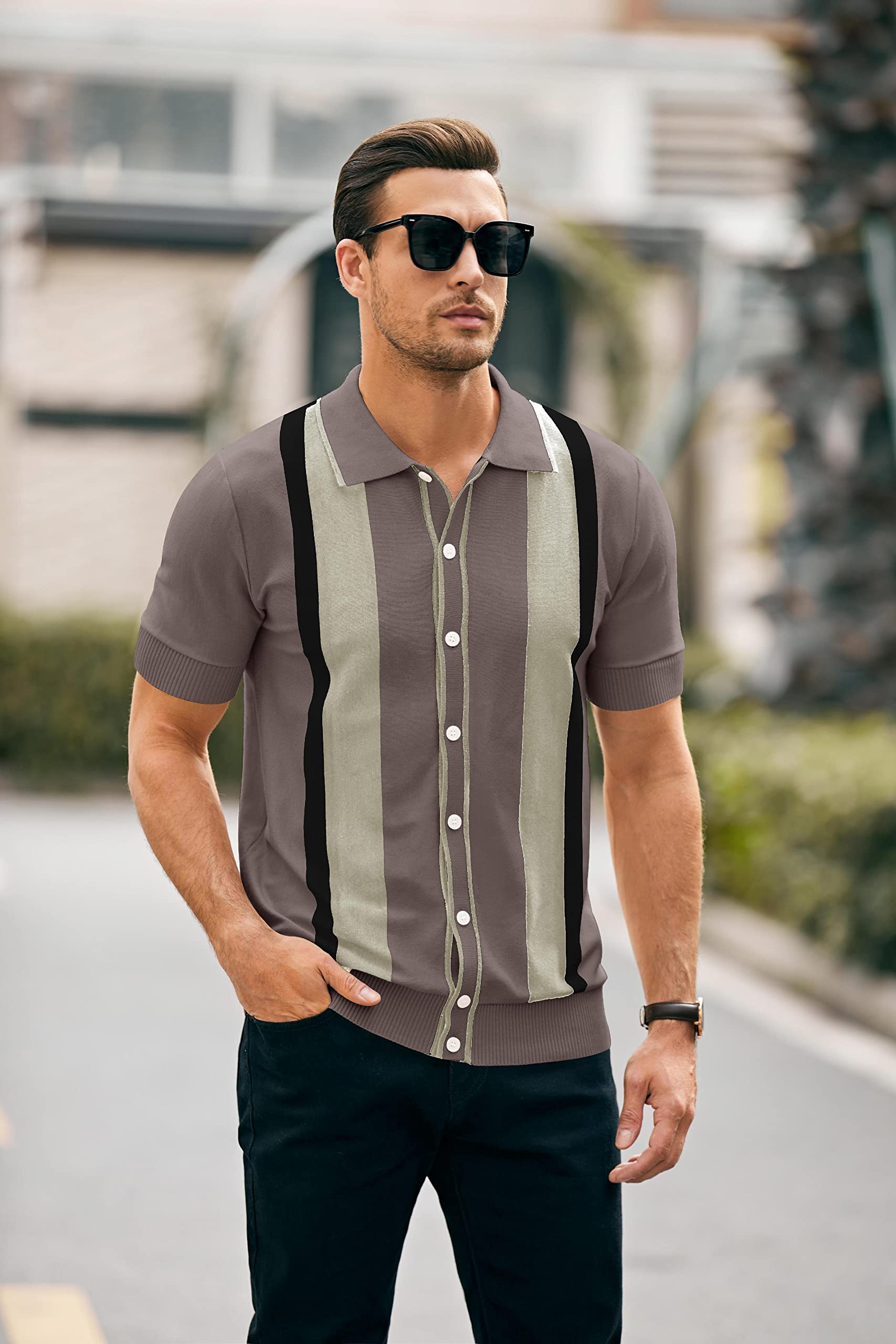 Angeun Mens Polo Shirts Short Sleeve Vintage Striped Knit Cardigan Button Down Lightweight Golf Shirts Grey