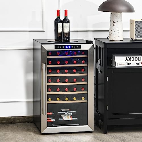COSTWAY 20 Inch Wine Cooler, 33 Bottles Wine Refrigerator with 2-Layer Tempered Glass Door & Dual Alarm Function, 41-61.5°F Temp Control, Built-In or Freestanding Mini Wine Fridge