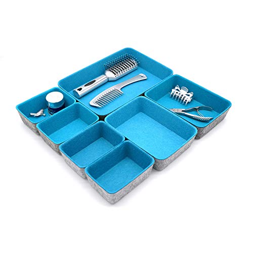 Welaxy Drawer organizers bins felt storage bin office organizer Shallow Small Desk organizer trays Draw dividers 7-piece (Turquoise)