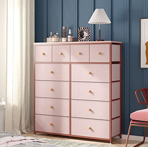 EnHomee Pink Dresser for Girls Bedroom with 12 Drawers Girls Dressers for Bedroom Pink Chest of Drawers with Wood Top, Metal Frame, Tall Dressers for Bedroom, Closet, Nursery, Living Room Pink