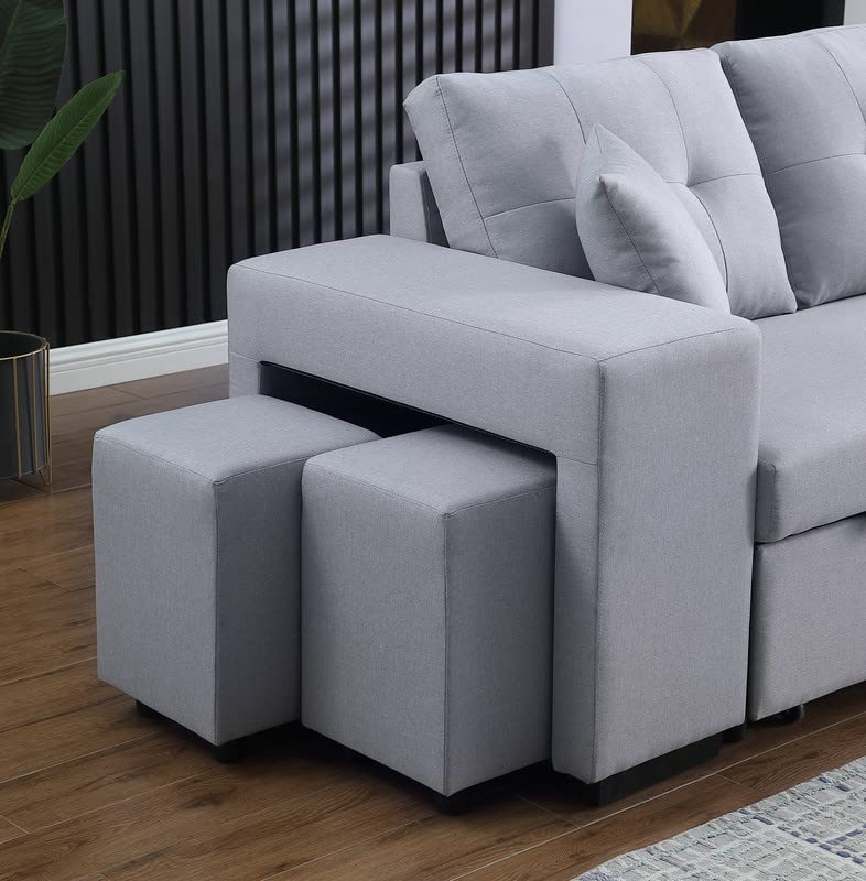 BIADNBZ Convertible Sleeper Sectional Sofa with Reversible Storage Chaise, Modern Linen Fabric L-Shaped Pull Out Couch w/2 Stools,for Living Room Apartment, Light Gray