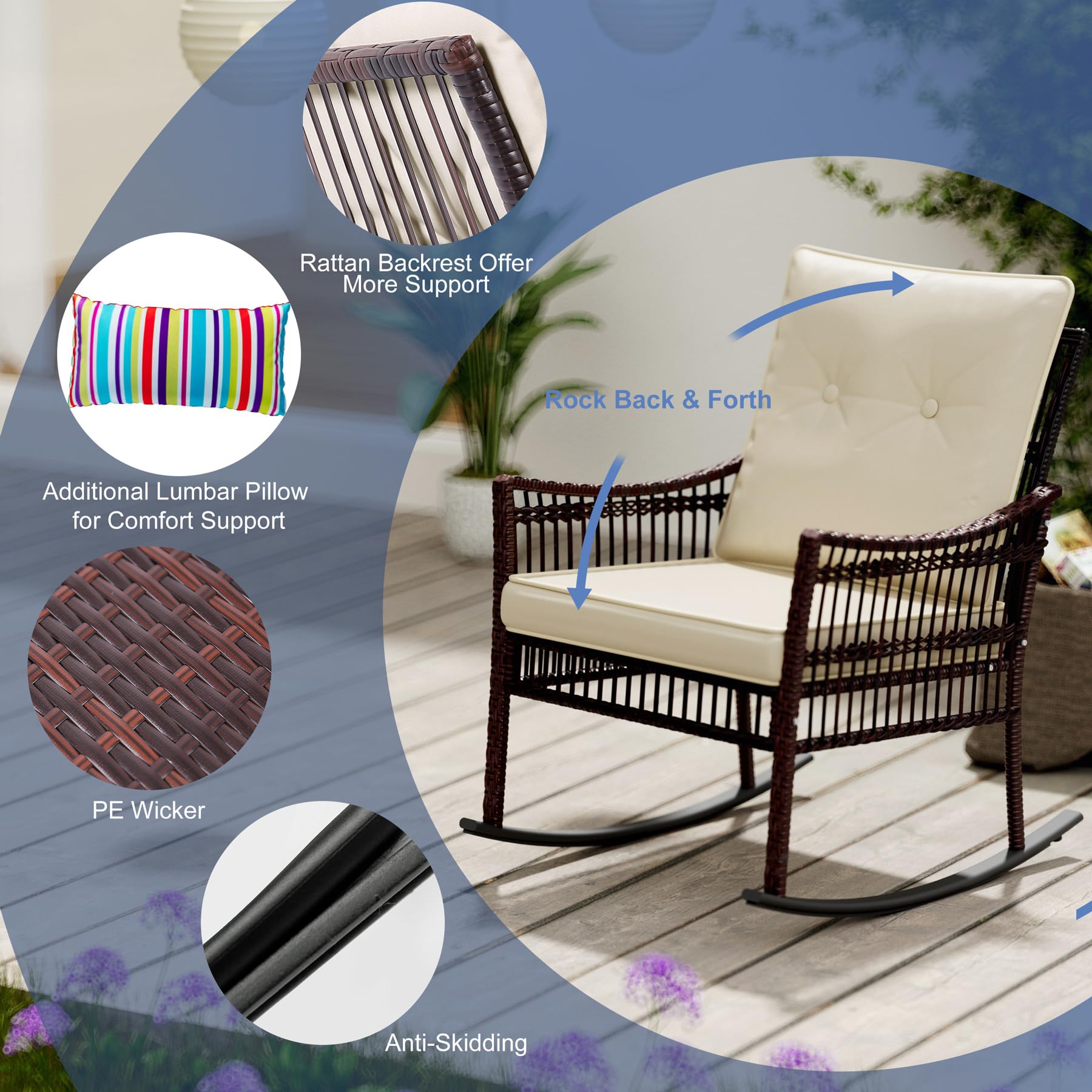 BALDPER 3 PCS Patio Conversation Chair Set with Coffee Table, Rocking Bistro Set, Outdoor Rocking Chairs Set, Wicker Furniture for Porch Deck Garden Poolside, Beige