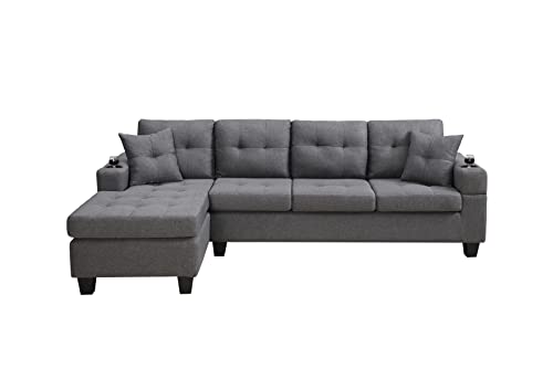 BIADNBZ Modern Sectional Sofa Set with Reversible Chaise Lounge,2 Pillows and Cup Holders,4-Seat L-Shaped Upholstered Couch for Living Room Office Apartment, Gray