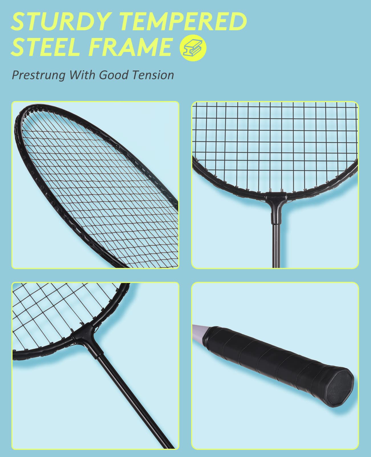 AboveGenius Badminton Rackets Set of 6 for Outdoor Backyard Games, Including 6 Rackets, 6 Nylon Badminton Shuttlecocks, Lightweight Badminton Racquets for Beginners
