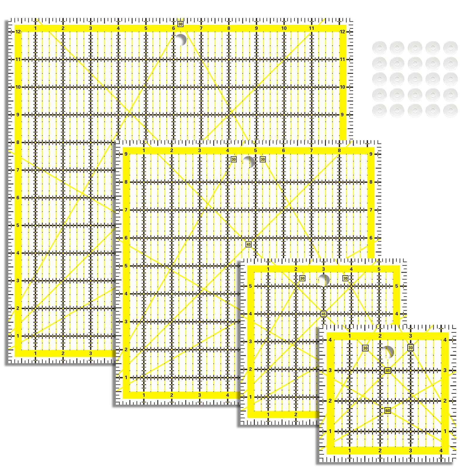 VPVPV 4 Piece Quilting Ruler,Acrylic Square Ruler,Quilting Templates,with Non Slip Rings 25 Pieces(4.5“X4.5”、6“X6”、9.5“X9.5”、12.5“X12.5”) (Yellow)