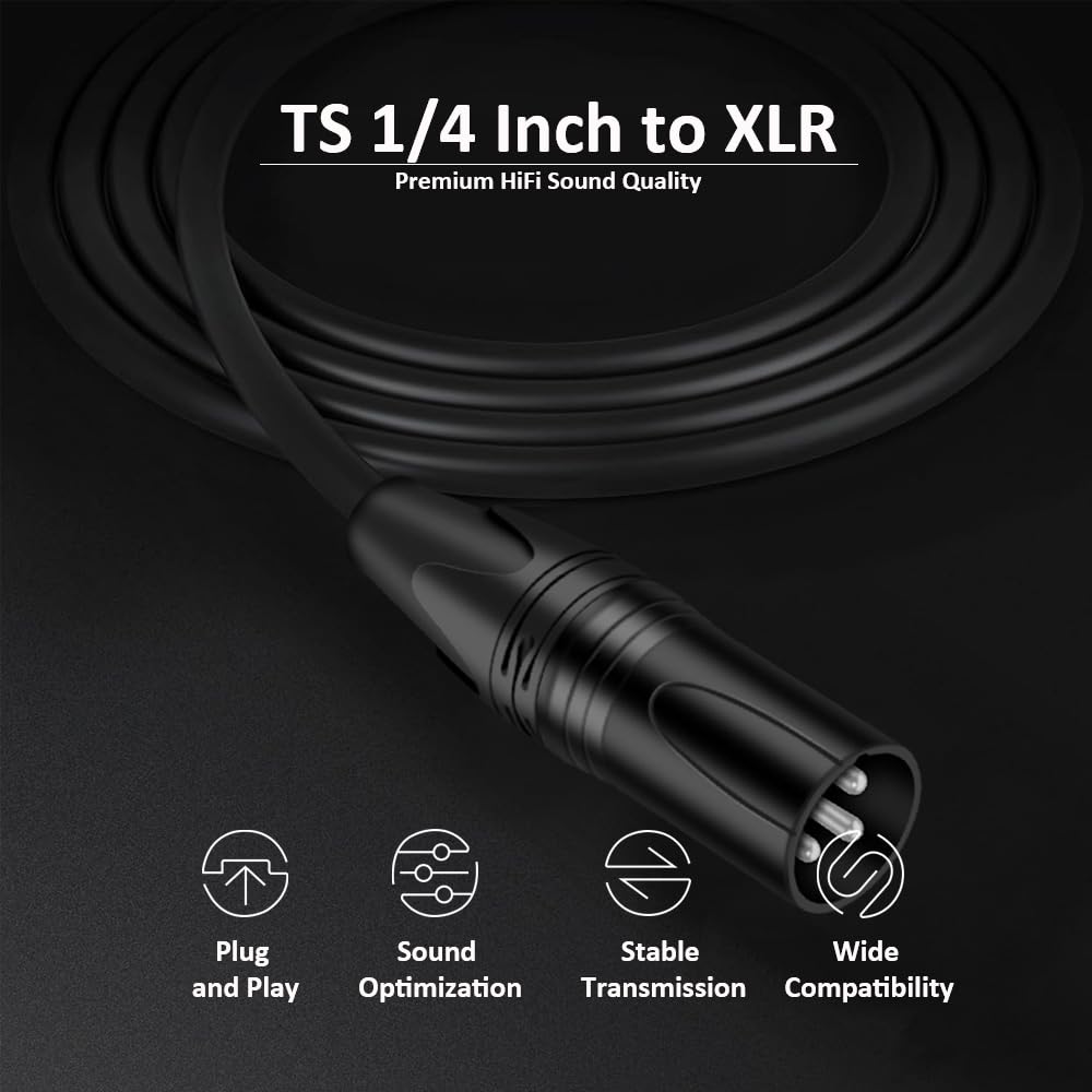 DREMAKE 3-Pin XLR to TS 1/4 (6.35mm) Mono Jack Unbalanced Microphone Interconnect Cable, Quarter Inch Male to XLR Male Mic Audio Cord for Mixing Boards, Studio Harmonizers - Red/10M
