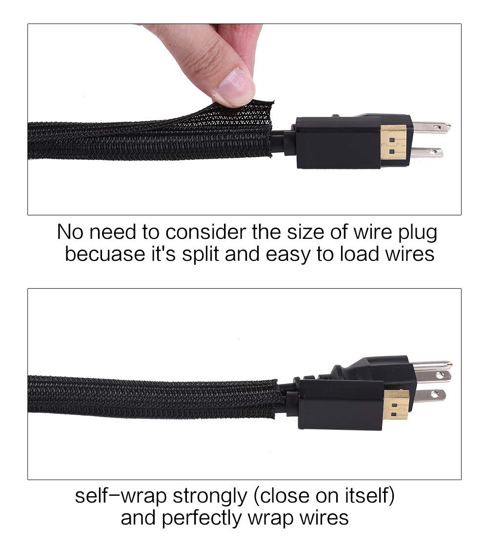 Keco 10ft – 1 inch Cable Management Sleeve Wire Loom Cord Protector – Self Wrap Cable Sleeve Split Sleeving Cord Organizer for TV Computer Automotive Office Home Entertainment – Black